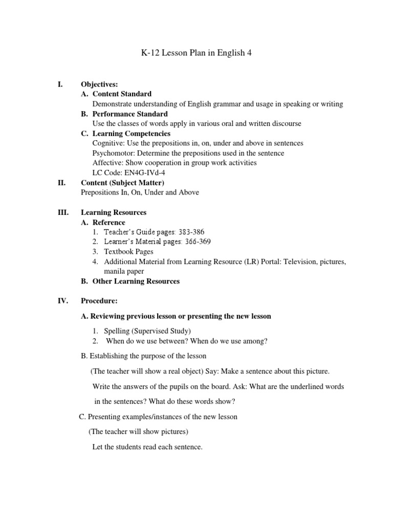 Lesson Plan in English 4 | PDF | Lesson Plan | English Language