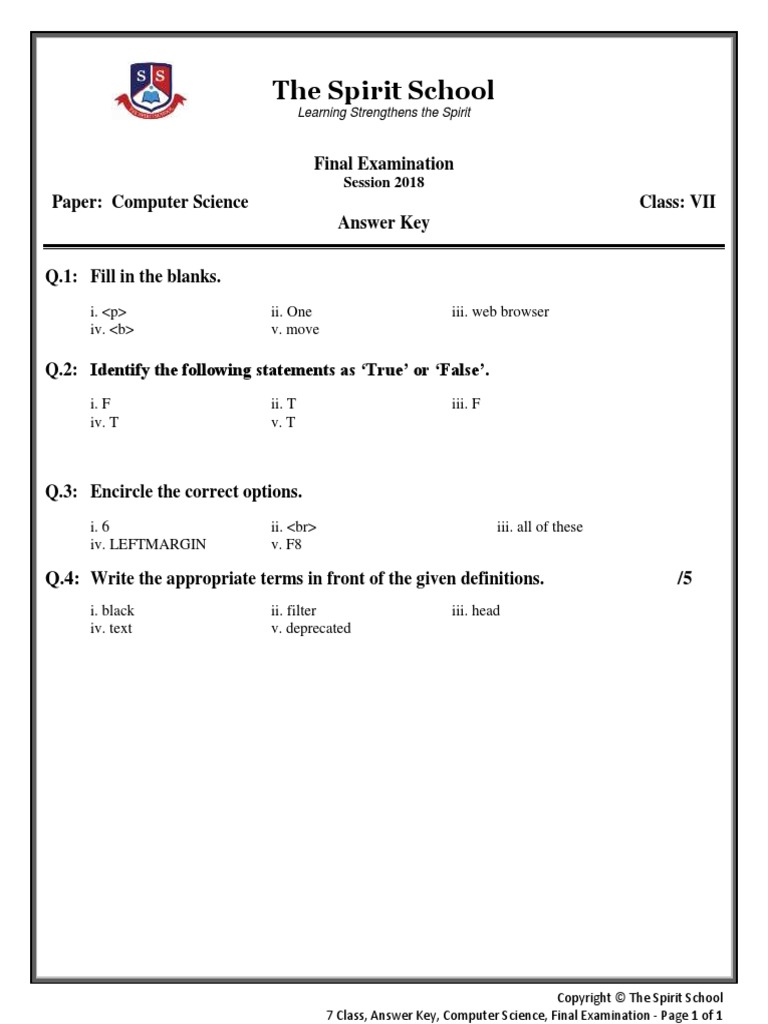 7 Class, Computer Science, Final Examination, Ans. Key, Session 2018-19 ...