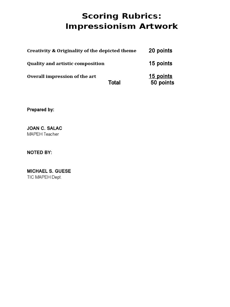 Scoring Rubrics for Impressionism Art | PDF
