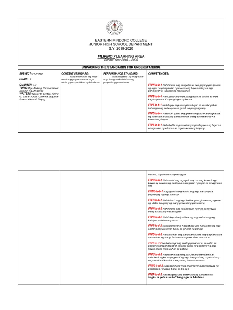 Unpacking Filipino 7 1st Quarter | PDF