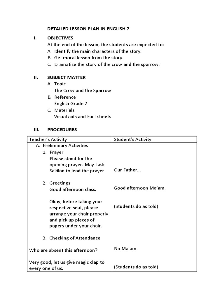 Lesson Plan: The Crow and the Sparrow | PDF | Behavior Modification ...