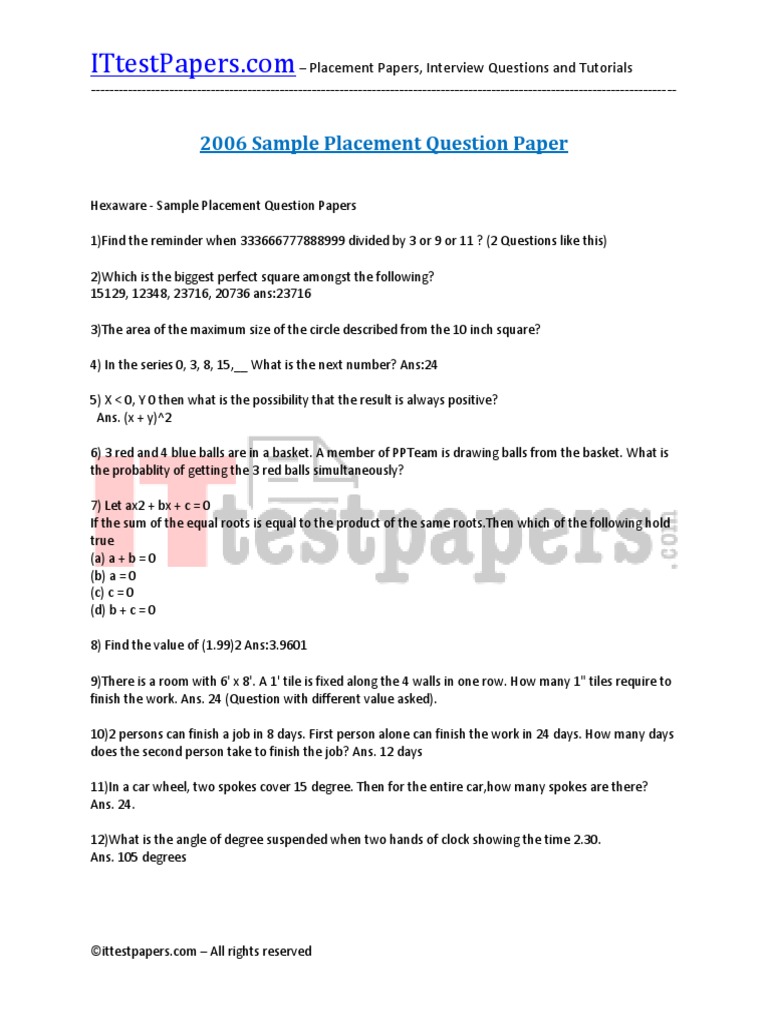 2006 Sample Placement Question Paper | PDF | Area | Rectangle