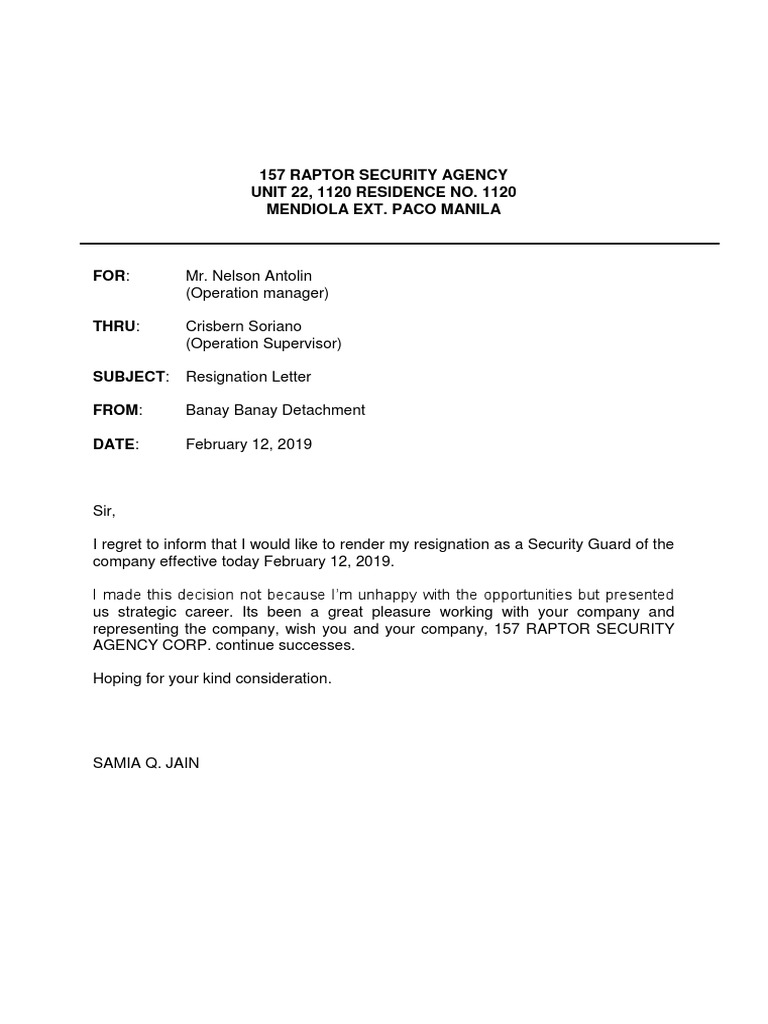 Resignation Letter from Security Guard | PDF