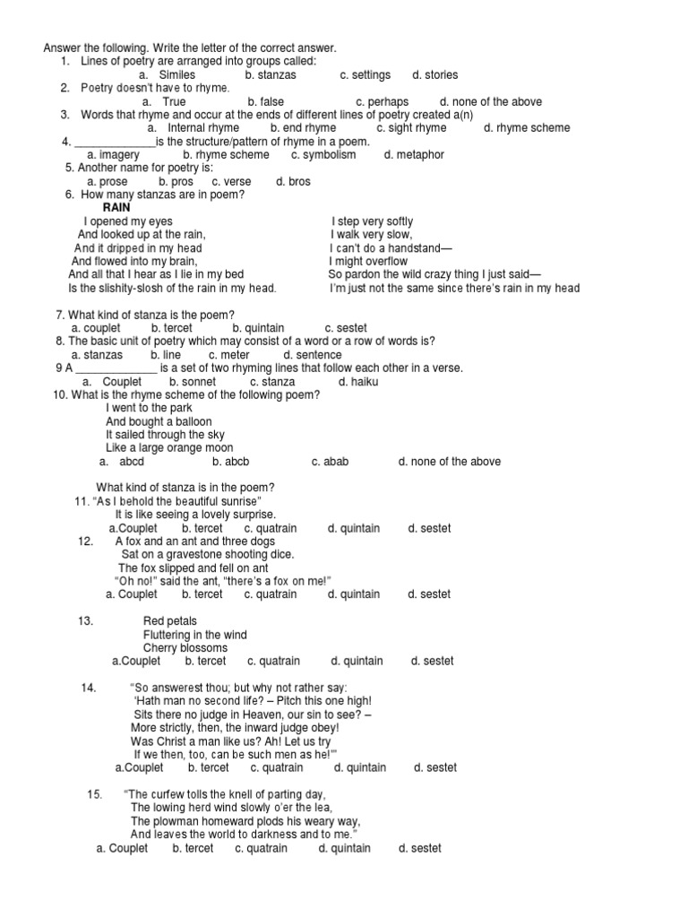 Poetry Terms and Structures Quiz | PDF | Rhyme | Poetry