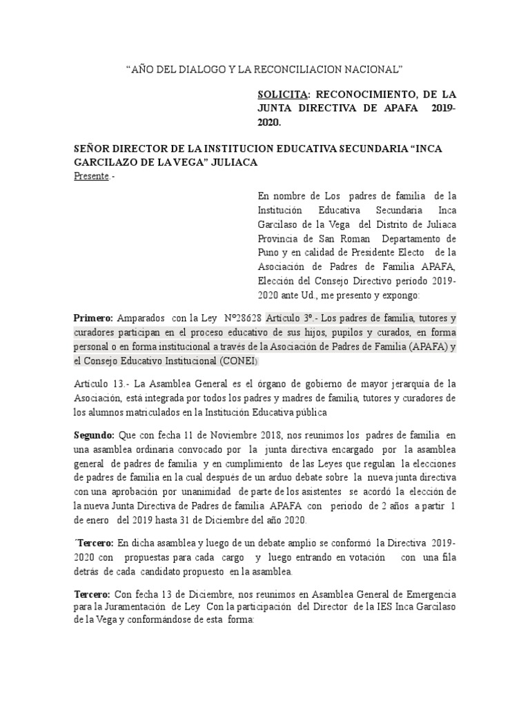 Solicitud de Reconocimiento APAFA 2019 | PDF | Eventos políticos | Elecciones