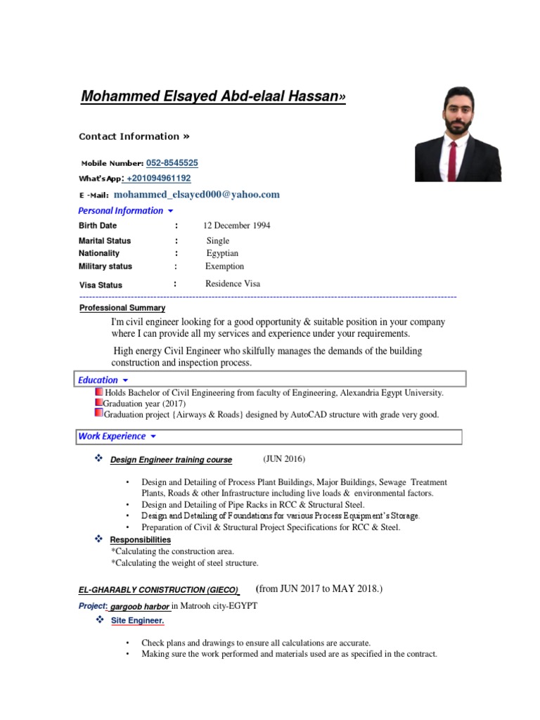 Mohammed Elsayed Abd-Elaal Hassan : Contact Information | PDF | Engineering | Civil Engineering