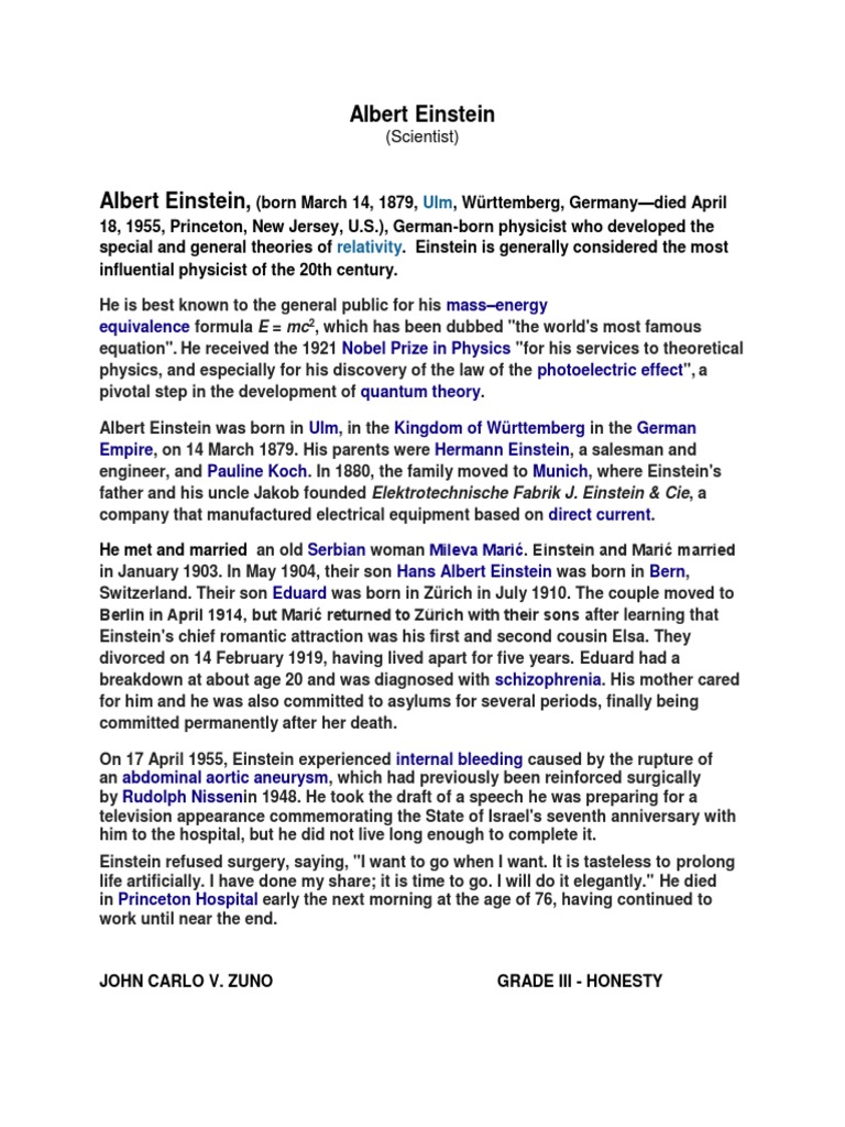 Albert Einstein: Life and Legacy | PDF | Albert Einstein | Theoretical ...