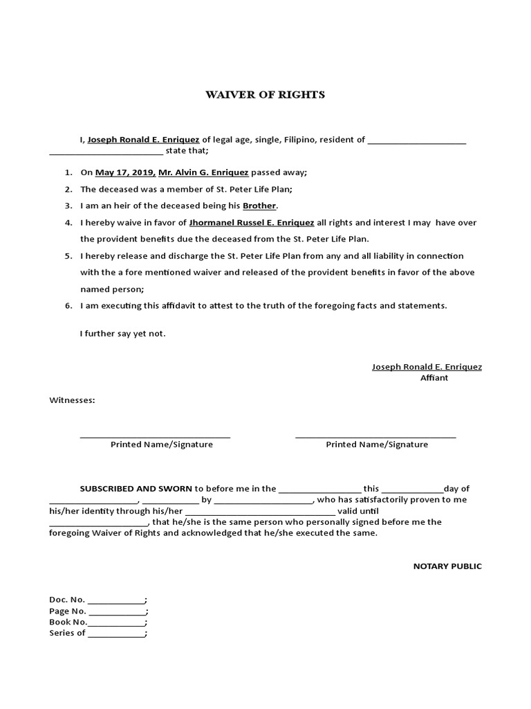 Waiver of Rights: SUBSCRIBED AND SWORN To Before Me in The - This - Day ...