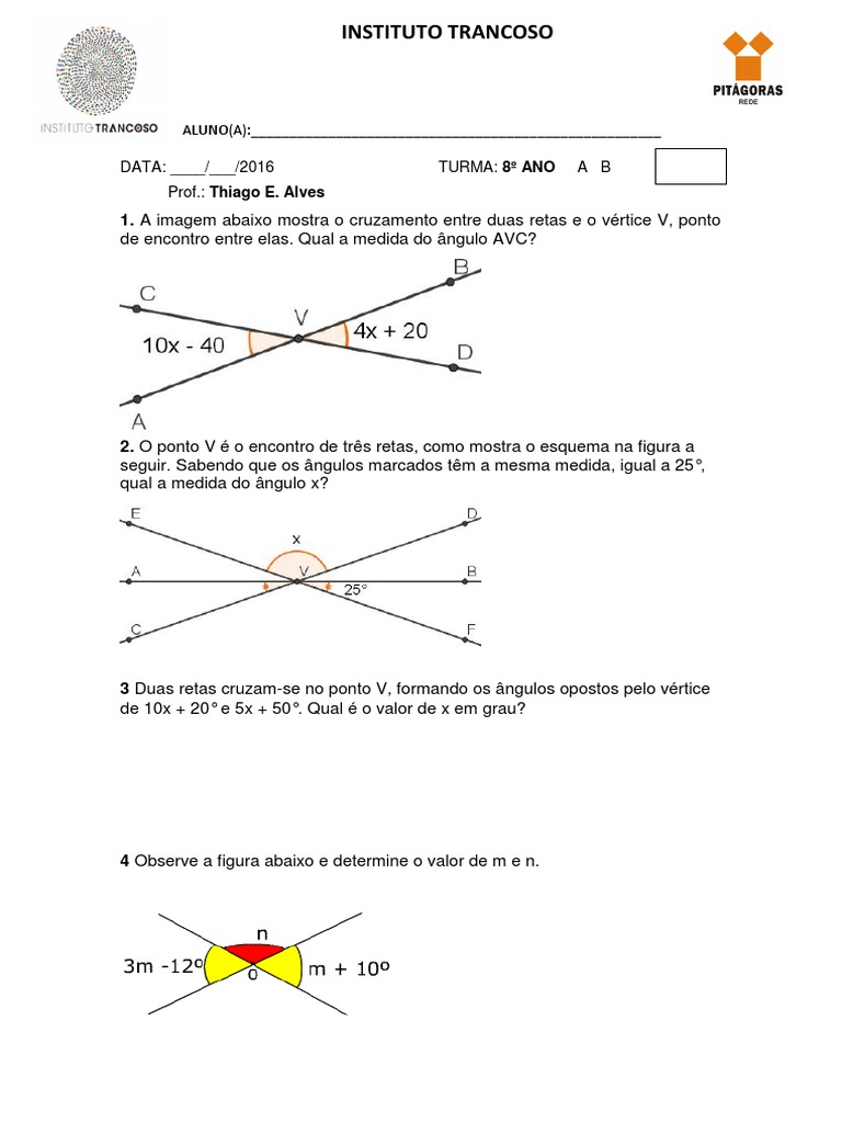 Atividade de Ângulos Oposto Pelo Vértice | PDF