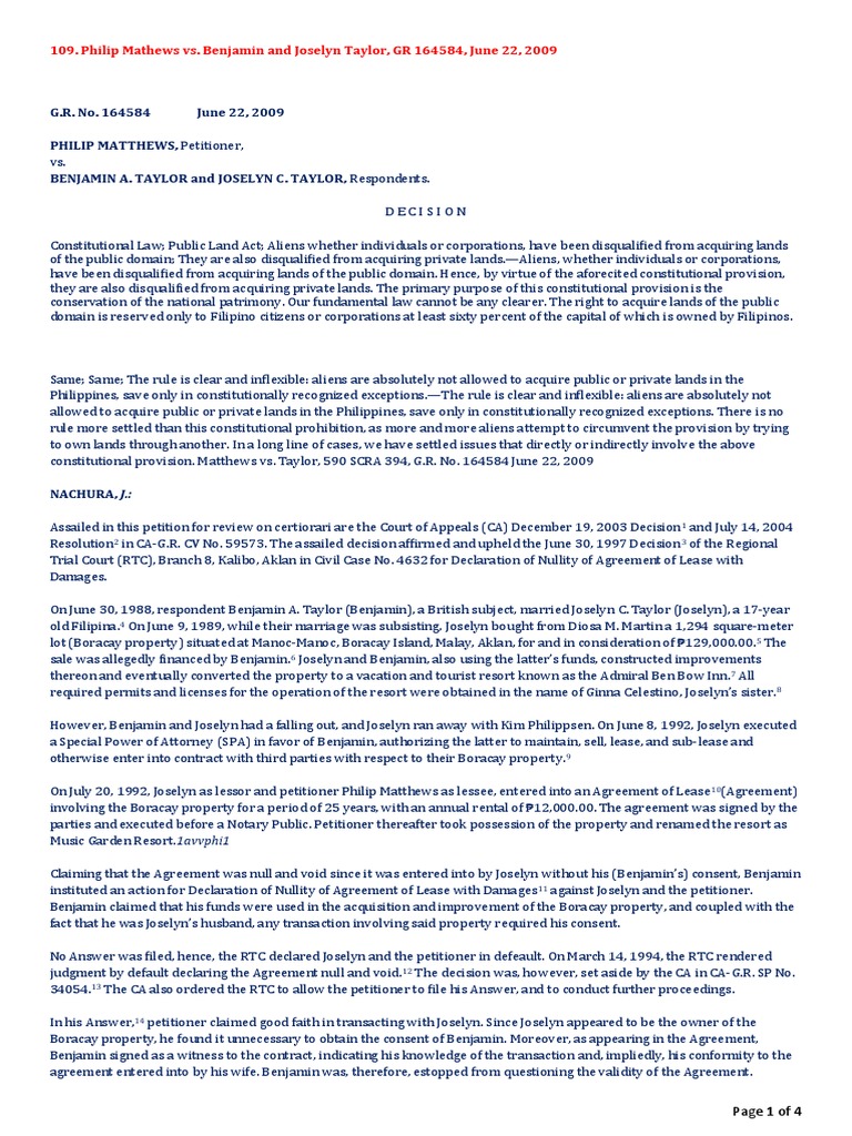 Philip Mathews vs. Benjamin and Joselyn Taylor, GR 164584, June 22 ...