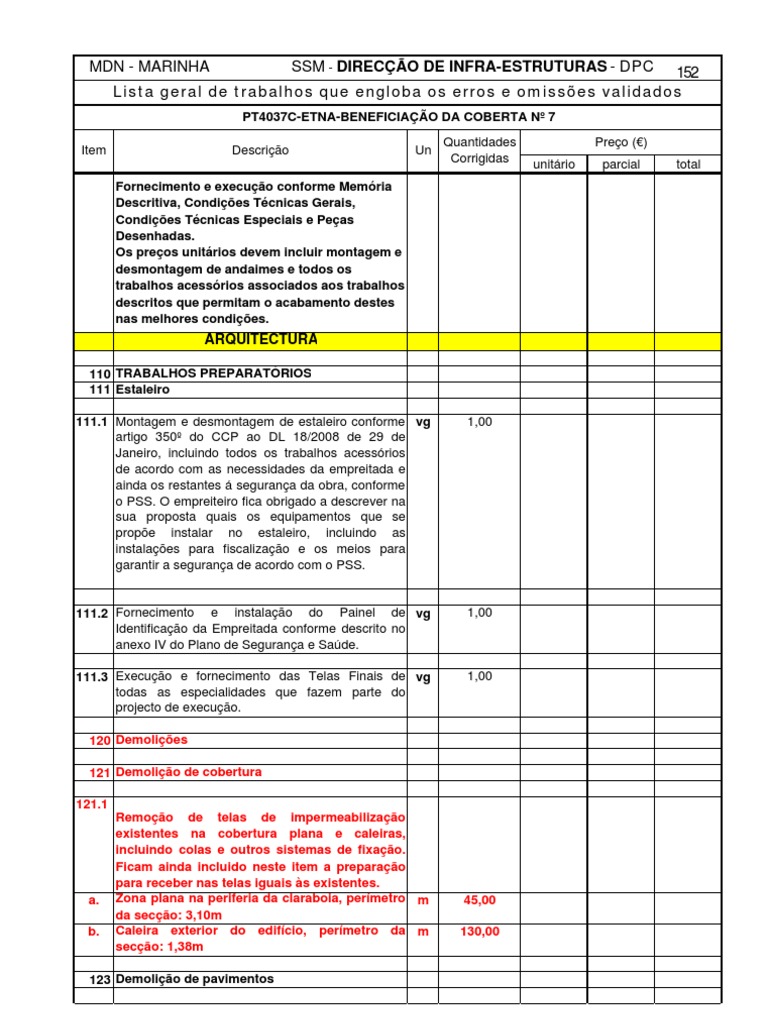Mapa Quantidades Arquitectura Incluindo Eo Aprovadas | PDF | Elementos ...