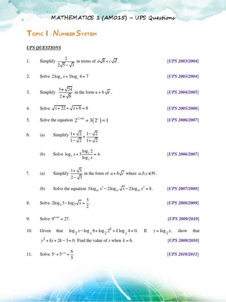Exercise Am015 Topic 1 Ups | PDF | Logarithm | Equations