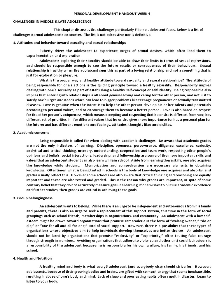 Personal Development Handout Week 4 | PDF | Self Concept | Adolescence