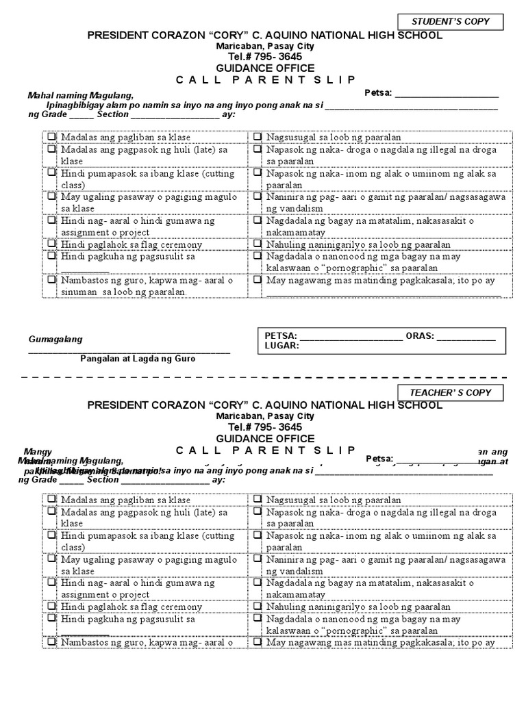 Call Parent Slip | PDF