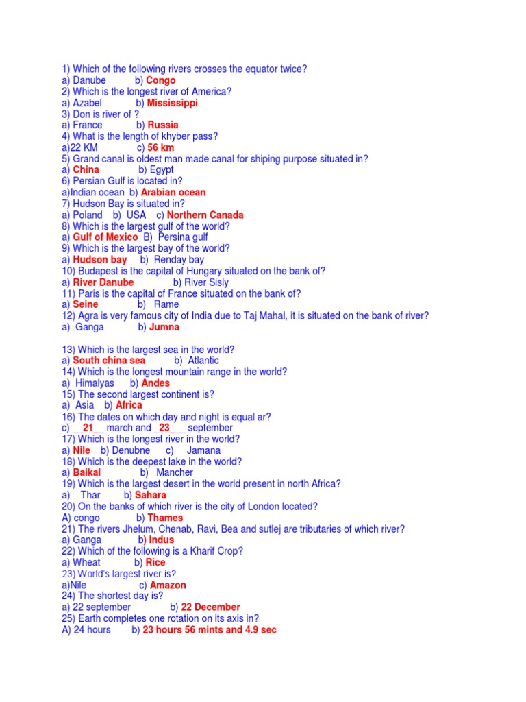 Multiple Choice Geography Questions Covering Rivers, Continents, Oceans ...