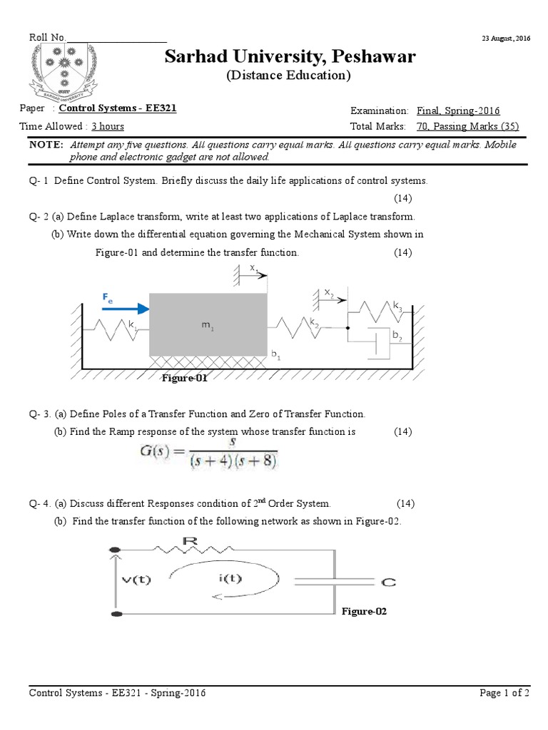 Analysis of Control Systems Exam Questions Focusing on Key Concepts Such as Transfer Functions ...