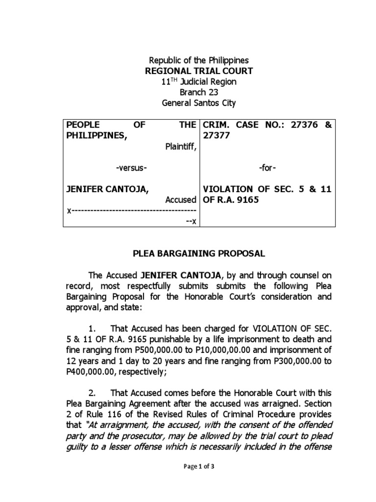 Plea Bargaining Proposal for Jenifer Cantoja | PDF | Plea | Plea Bargain