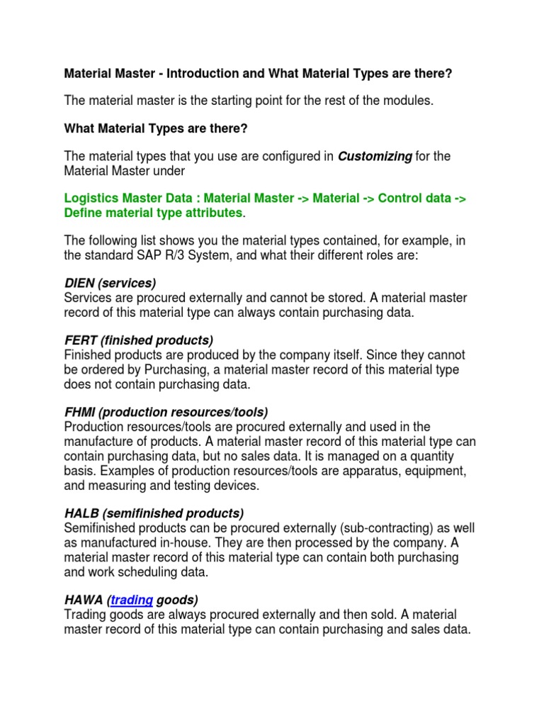 Material Master - Introduction and What Material Types Are There? | PDF ...