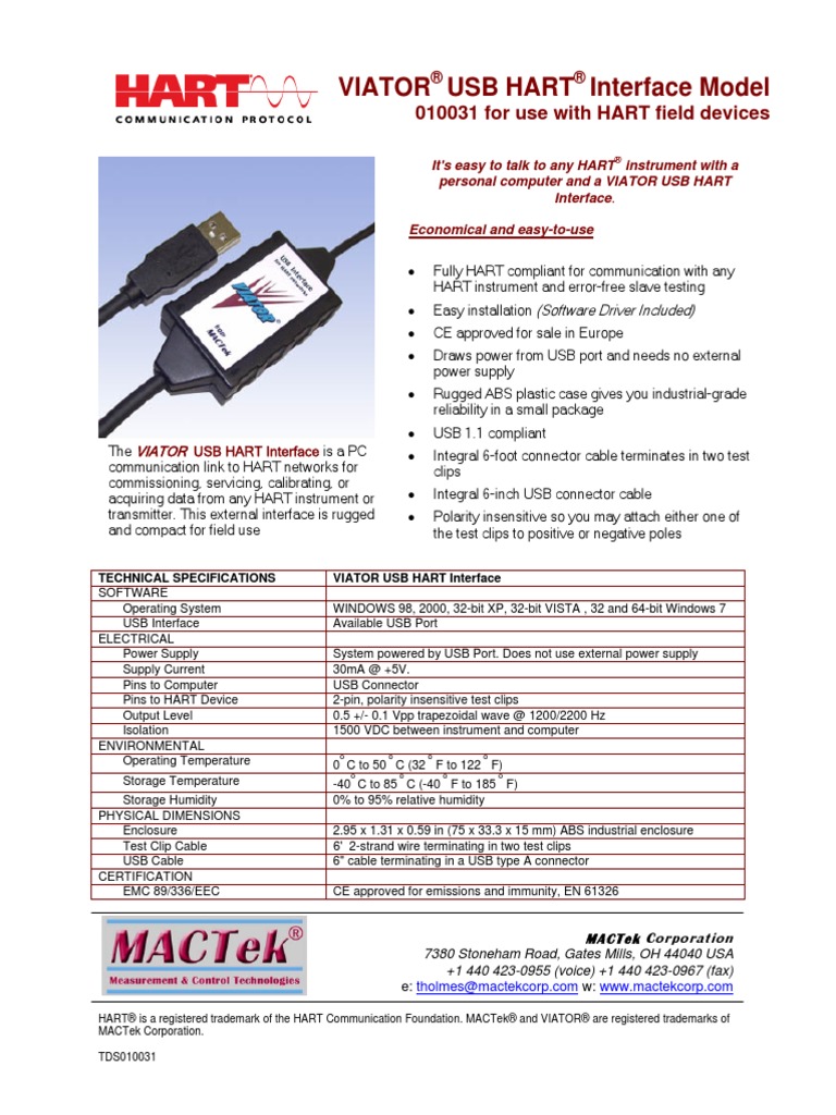 MacTek 010031 Viator USB HART Interface | PDF | Usb | Electrical Connector