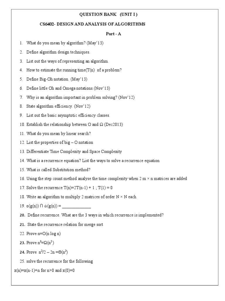 Question Bank (Unit I) Cs6402-Design and Analysis of Algorithms Part - A | PDF | Recurrence ...