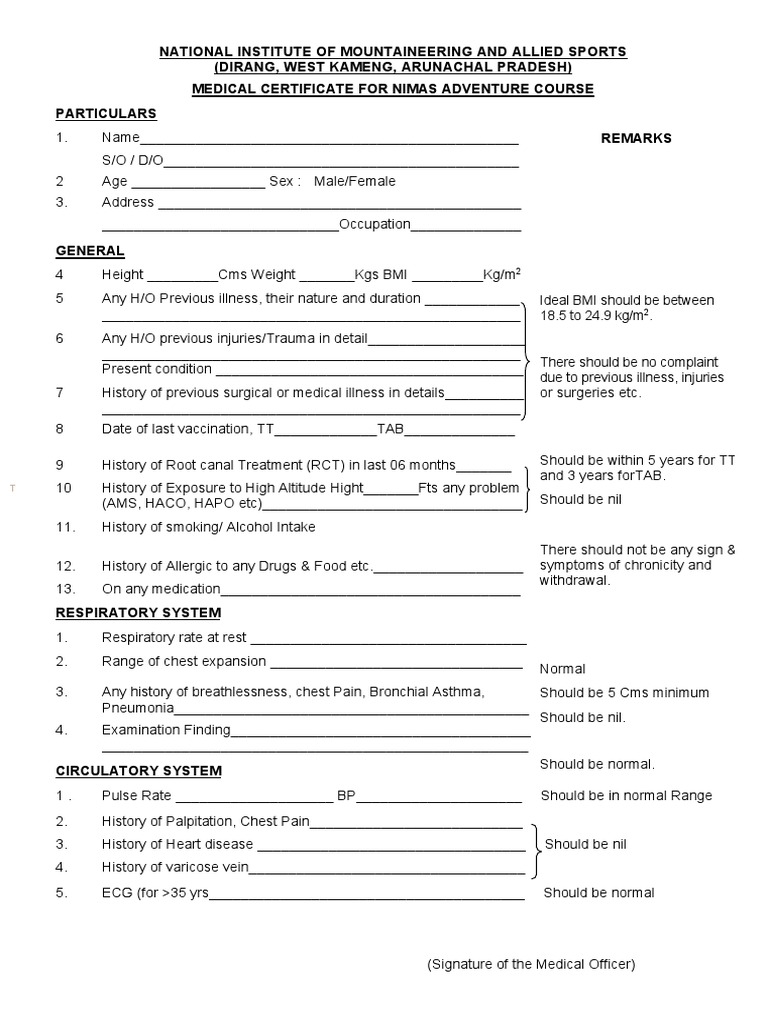 NIMAS Medical Form | PDF | Thorax | Clinical Medicine