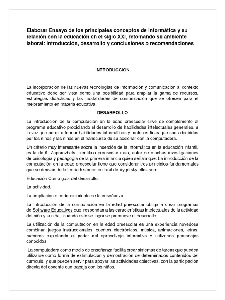 Elaborar Ensayo de Los Principales Conceptos de Informática y Su ...