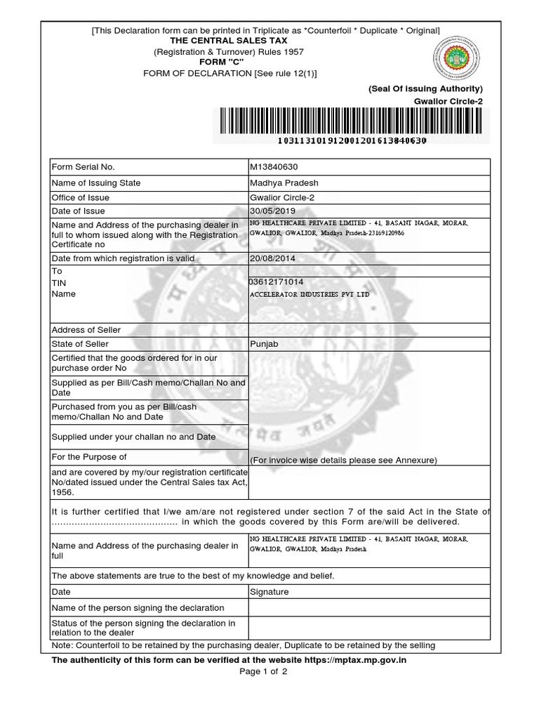 The Central Sales Tax Form "C" | PDF | Invoice | Business