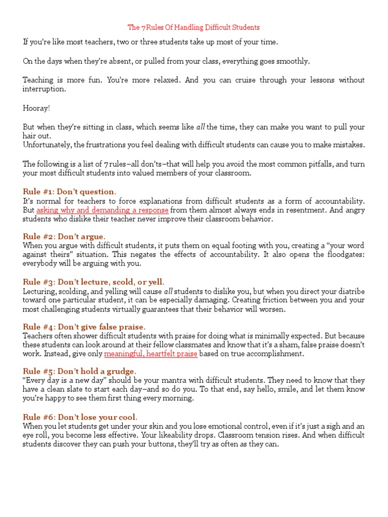 The 7 Rules of Handling Difficult Students | PDF | Special Education ...
