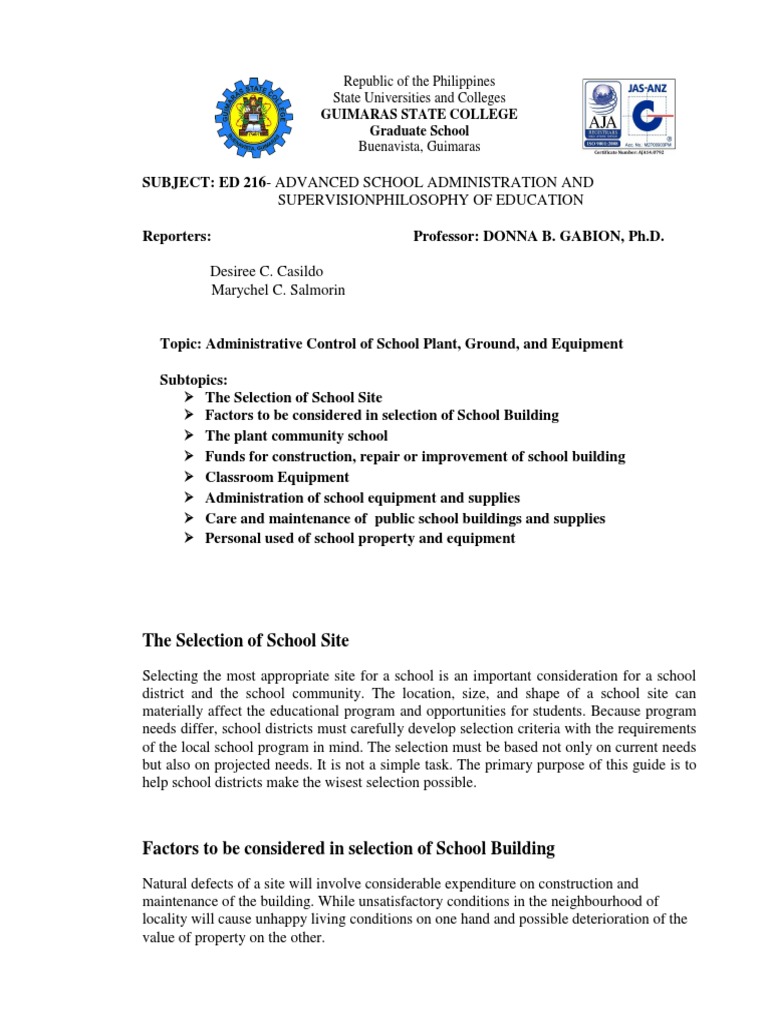 Administrative Control of School Plant, Ground, and Equipment: A Report ...
