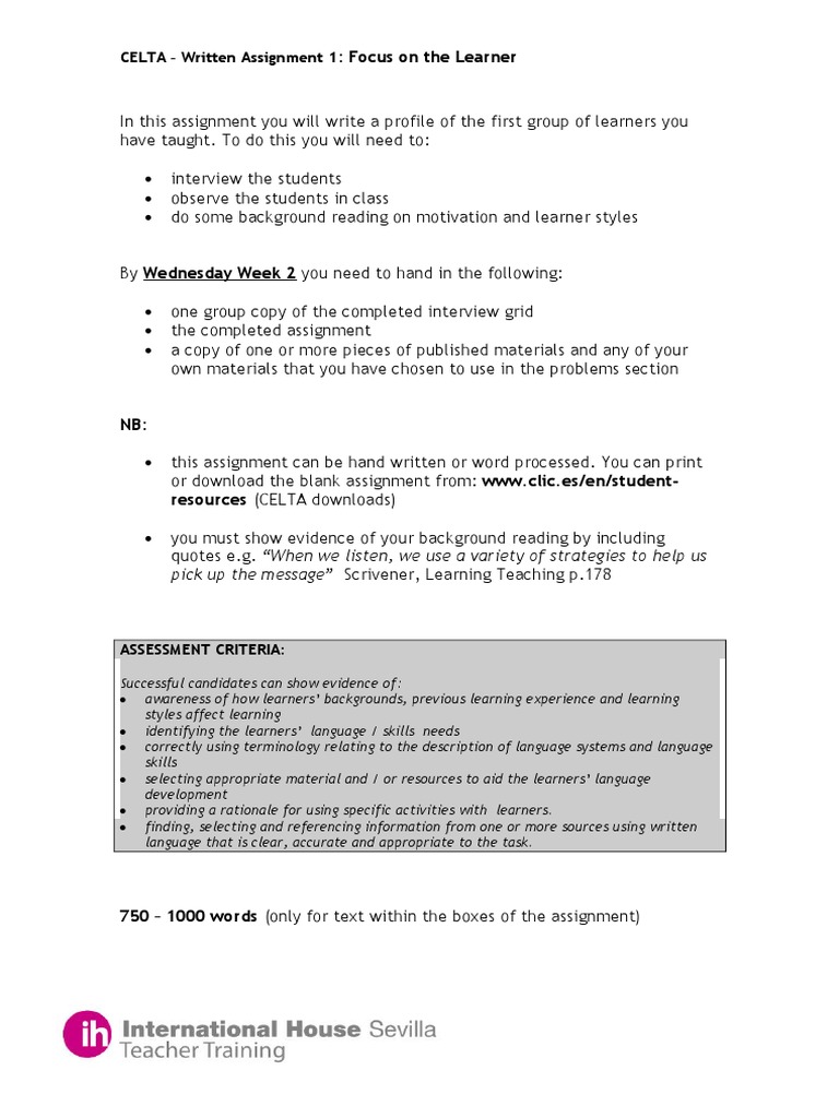 Focus On The Learner: CELTA - Written Assignment 1 | PDF | Motivation | Motivational