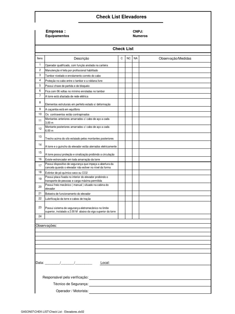 Check List - Elevadores | PDF | Natureza