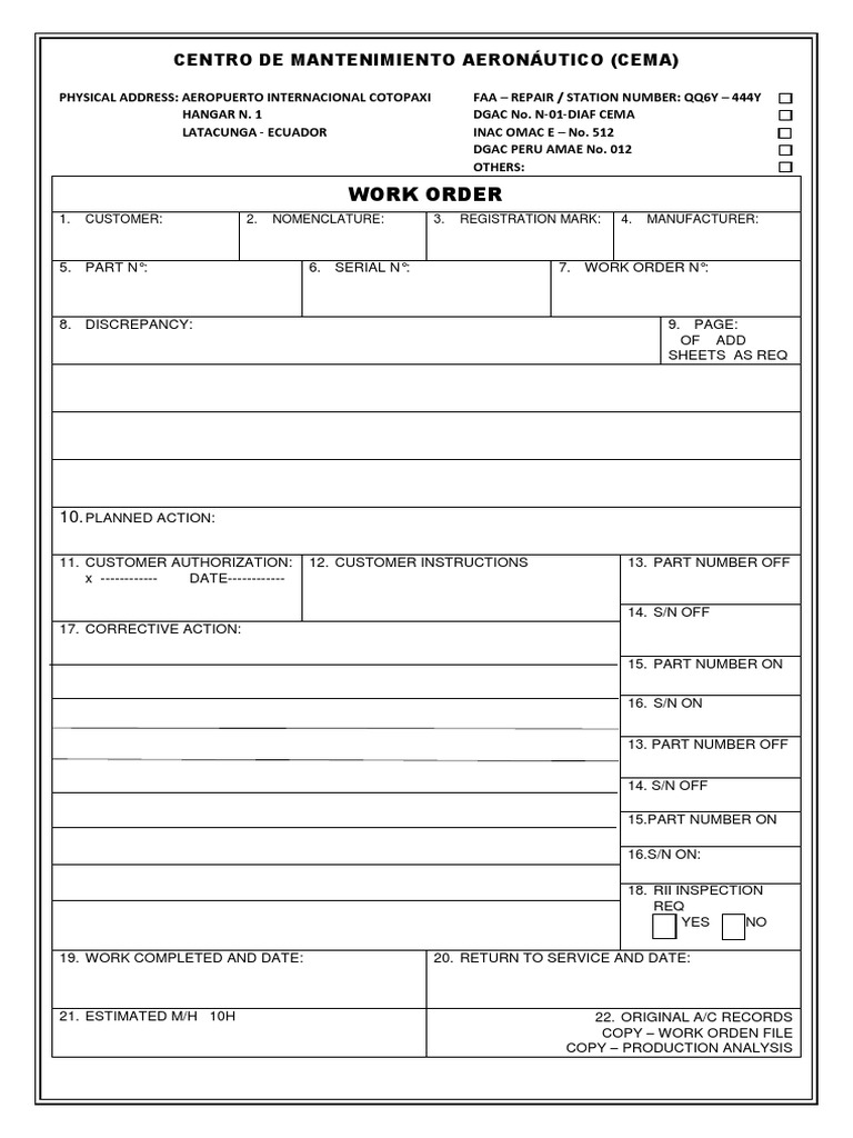 WORK ORDER Formato Aviacion | PDF