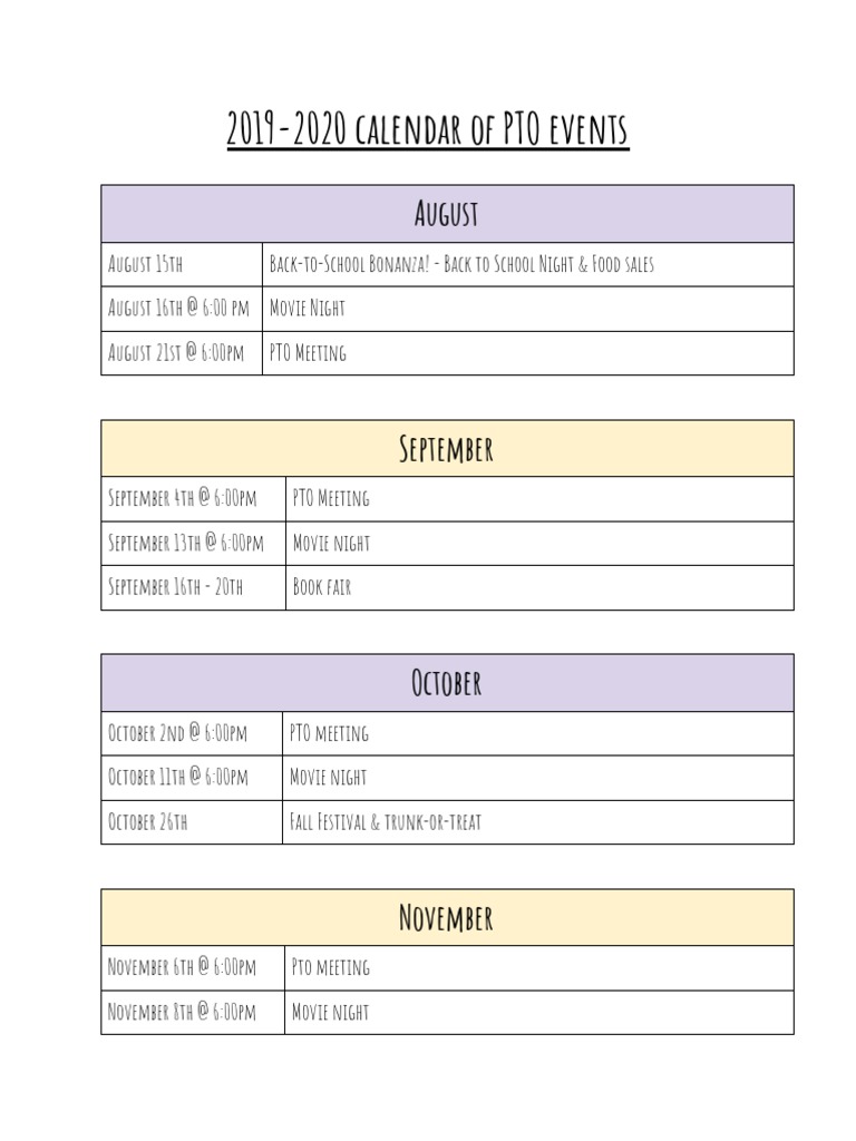 Pto Calendar of Events | PDF