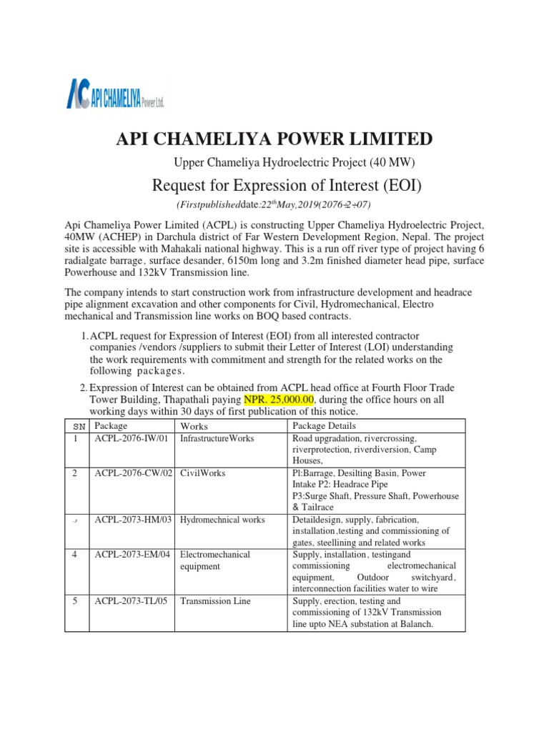 EOI For Upper Chameliya | PDF | Electrical Substation | Business