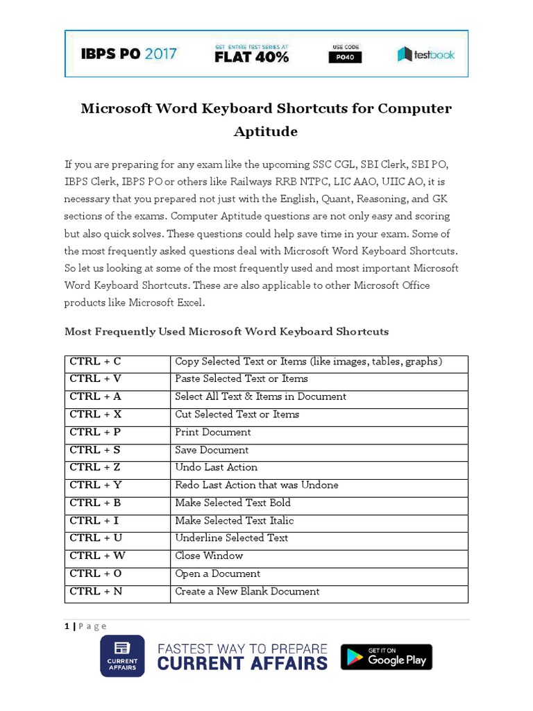 Microsoft Shortcuts | PDF | Microsoft Word | Keyboard Shortcut