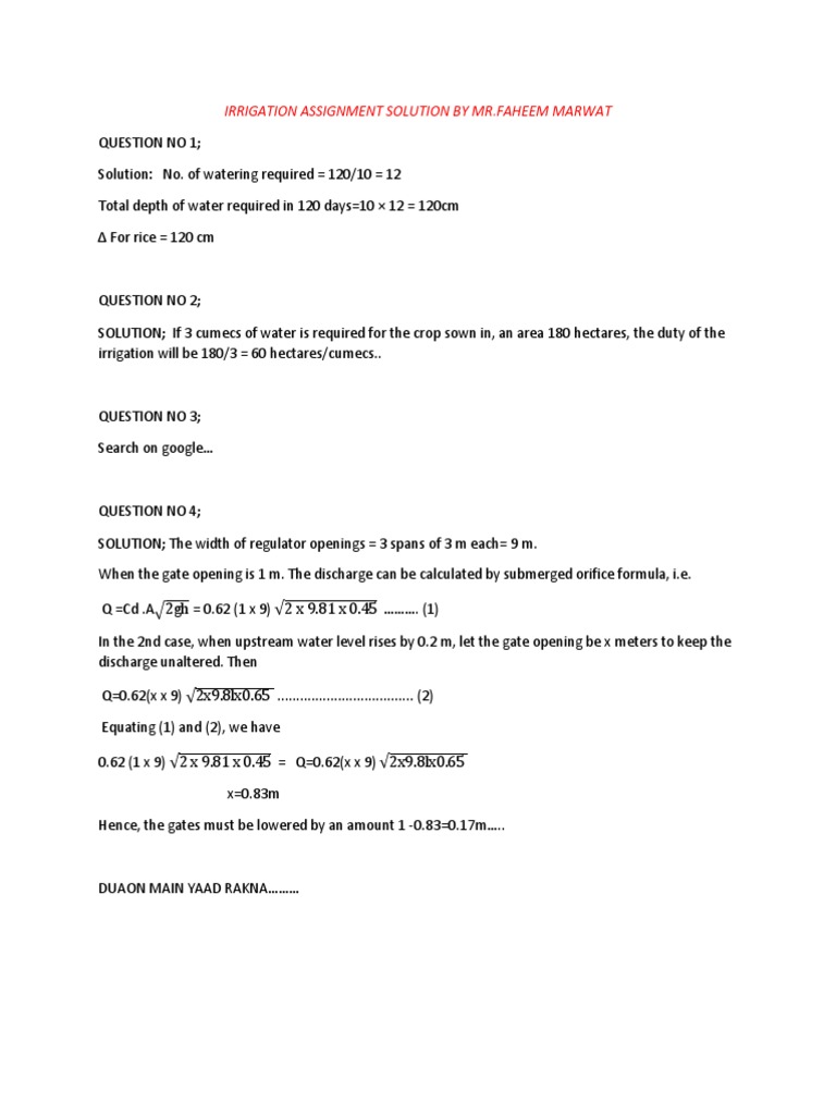 Irrigation Assignment Solution by MR - Faheem Marwat | PDF