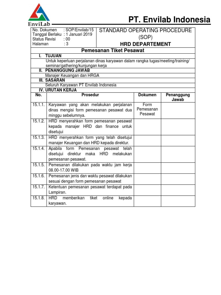 Sop Pemesanan Tiket Pesawat | PDF