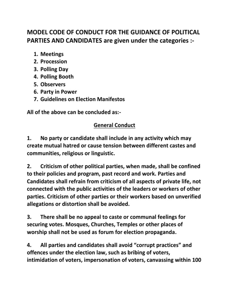 Model Code of Conduct For The Guidance of Political PARTIES AND ...