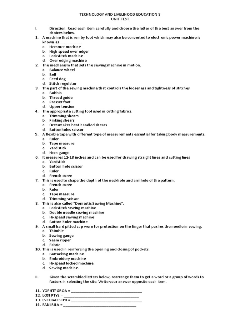 Unit Test Tle 8 | PDF | Sewing Machine | Sewing