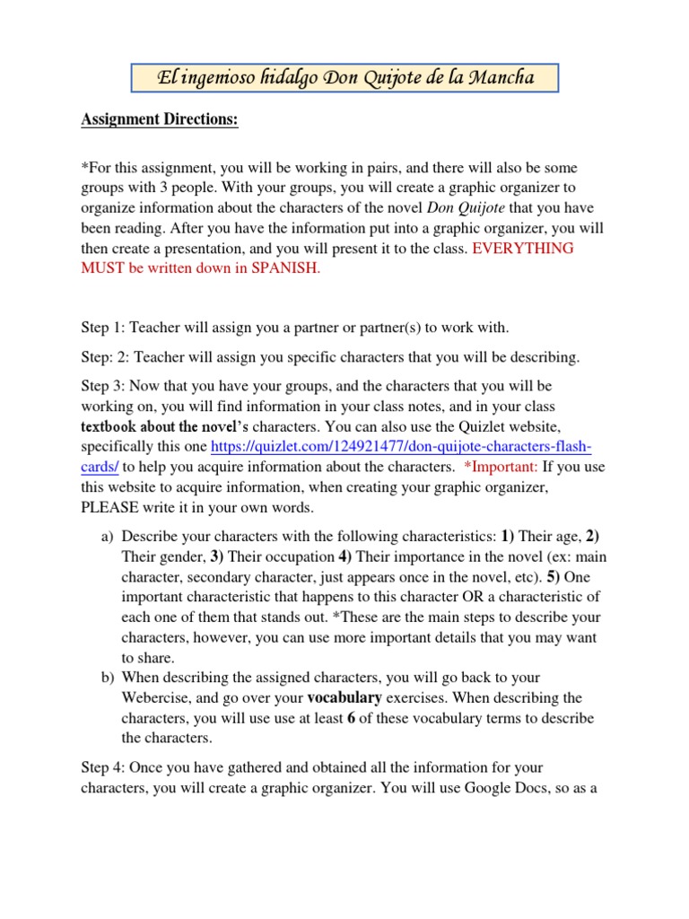 Graphic Organizer - Don Quijote Unit | PDF