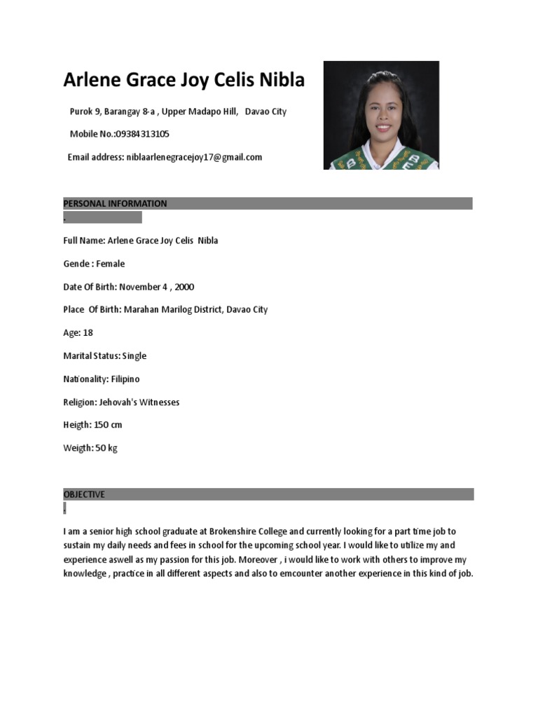 Arlene Grace Joy Celis Nibla: Personal Information | PDF