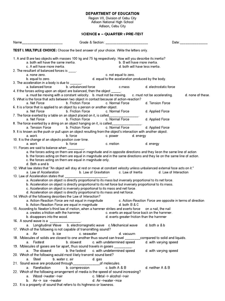 Science 8 Quarte 1 Pre-Test | PDF | Force | Sound