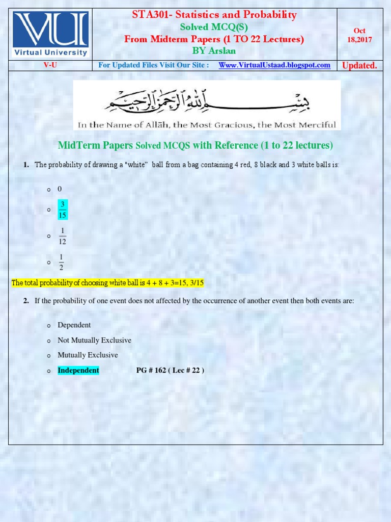 STA301-MidTerm MCQs With Reference Solved by Arslan | Download Free PDF | Arithmetic Mean | Mode ...