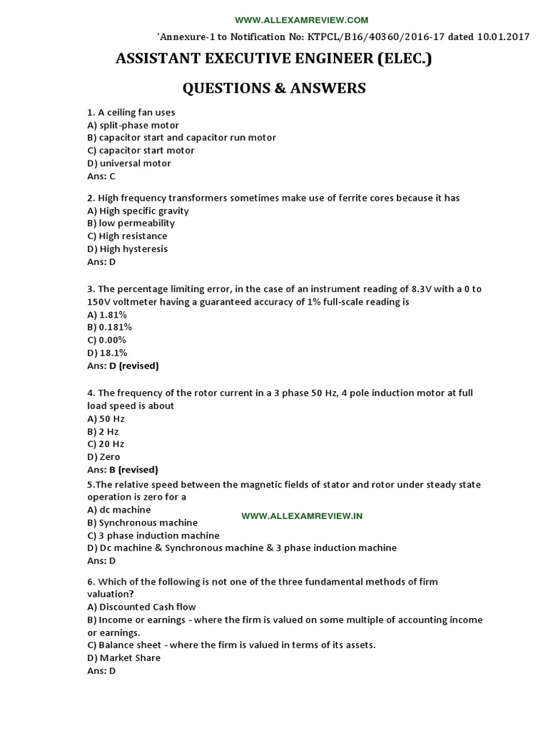 Assistant Executive Engineer (Elec.) Questions & Answers | PDF ...