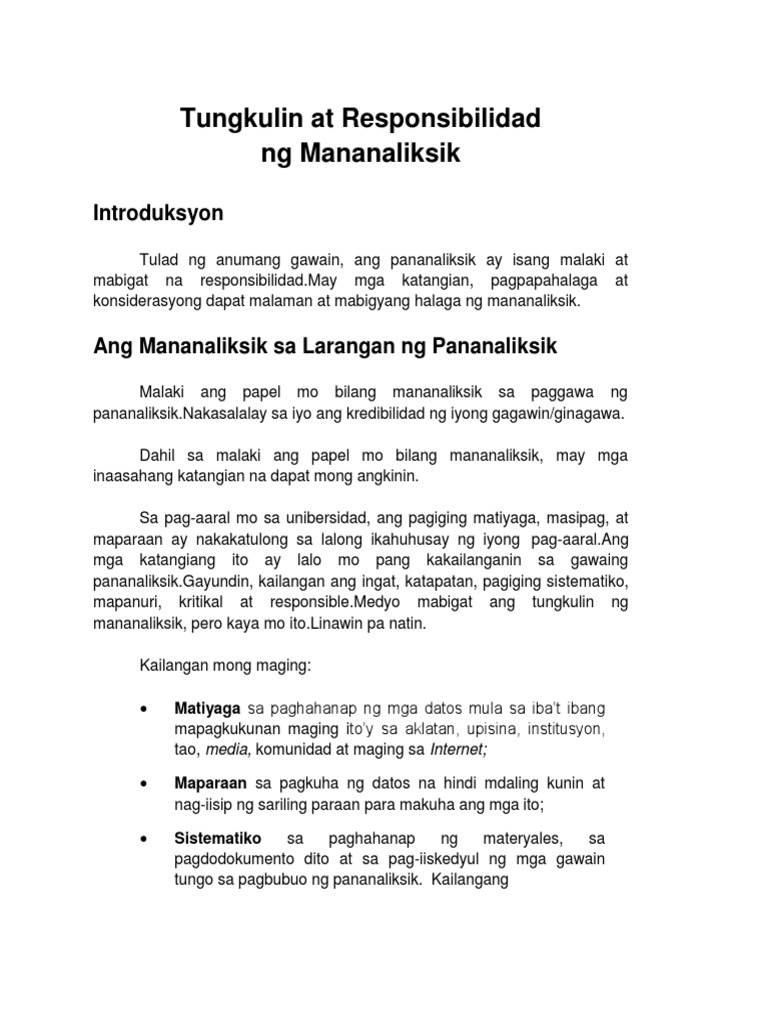 Katangian, Tungkulin at Responsibilidad NG Mananaliksik | PDF