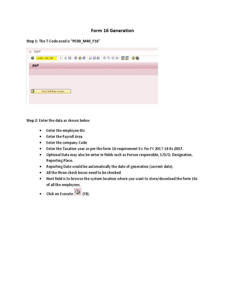 Form 16 Generation: Step 1: The T-Code Used Is "PC00 - M40 - F16" | PDF