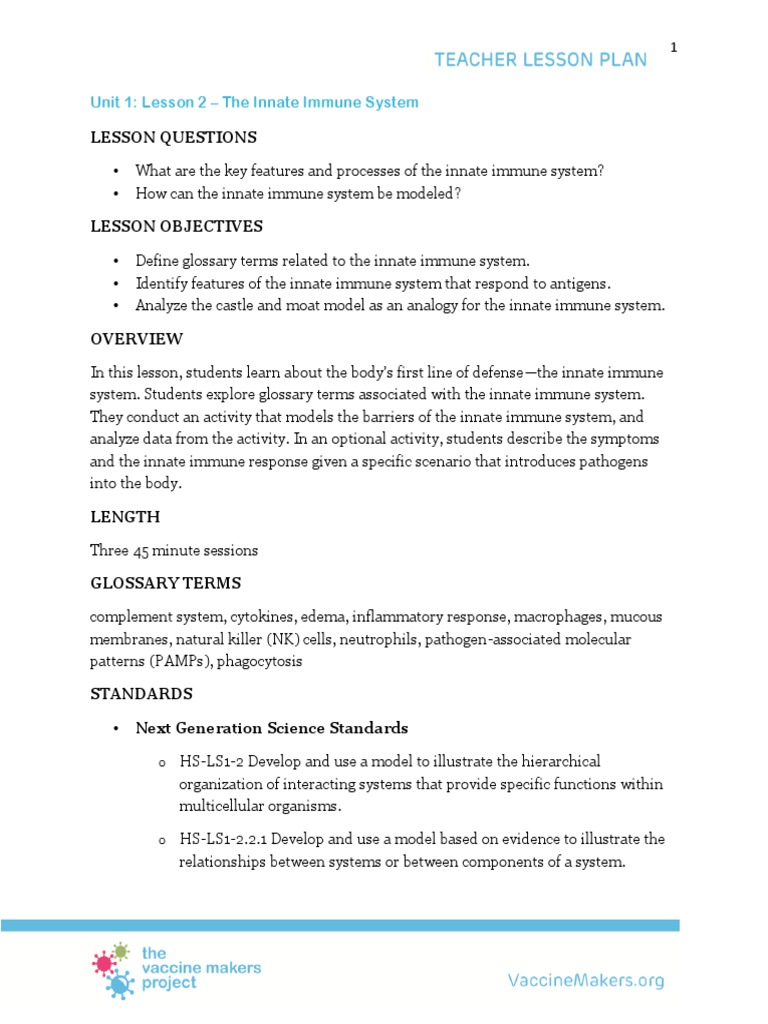 Innate Immune System Lesson Plan | PDF | Innate Immune System | Immune ...