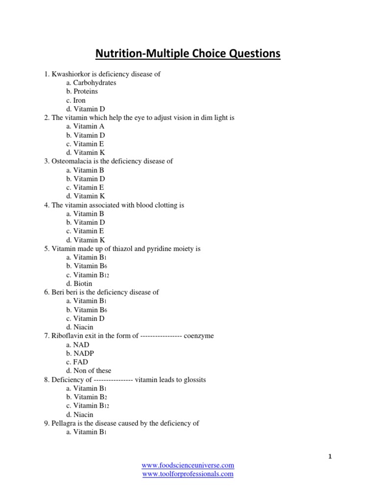 Food Nutrition MCQS With Answers Key | PDF | Vitamin | Vitamin A