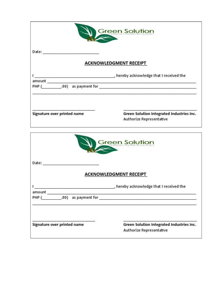 Acknowledgment Receipt: Signature Over Printed Name Green Solution ...