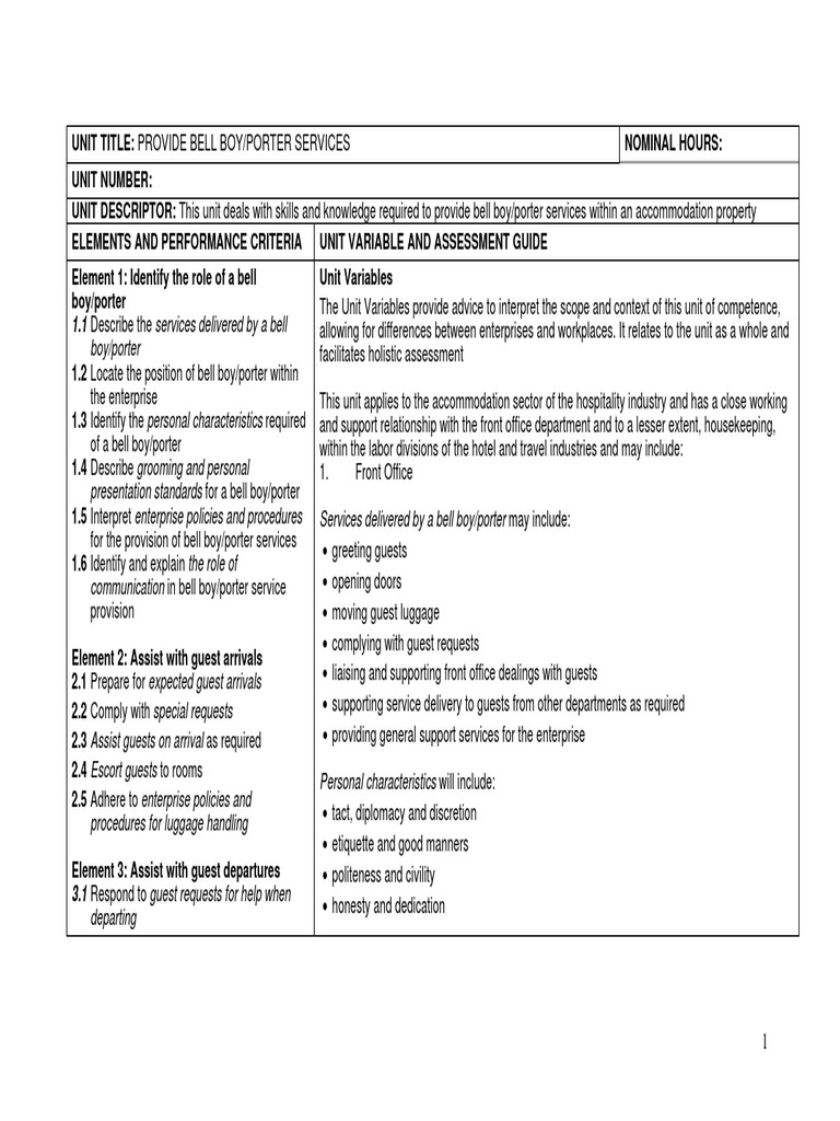 Bell Boy/Porter Service Guidelines | PDF | Baggage | Competence (Human ...